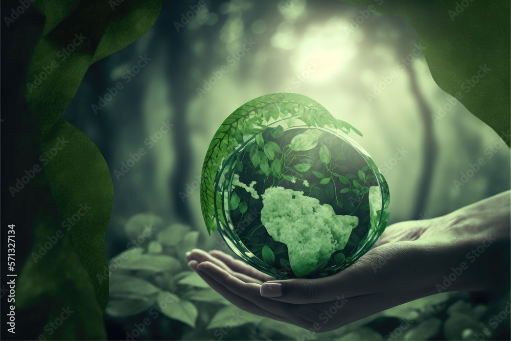 Hand of humans holding the green world with environment icon, Save the ...
