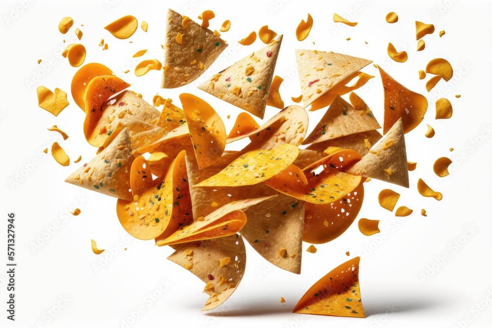 Flying Mexican nachos chips, isolated on white background. This is a ...