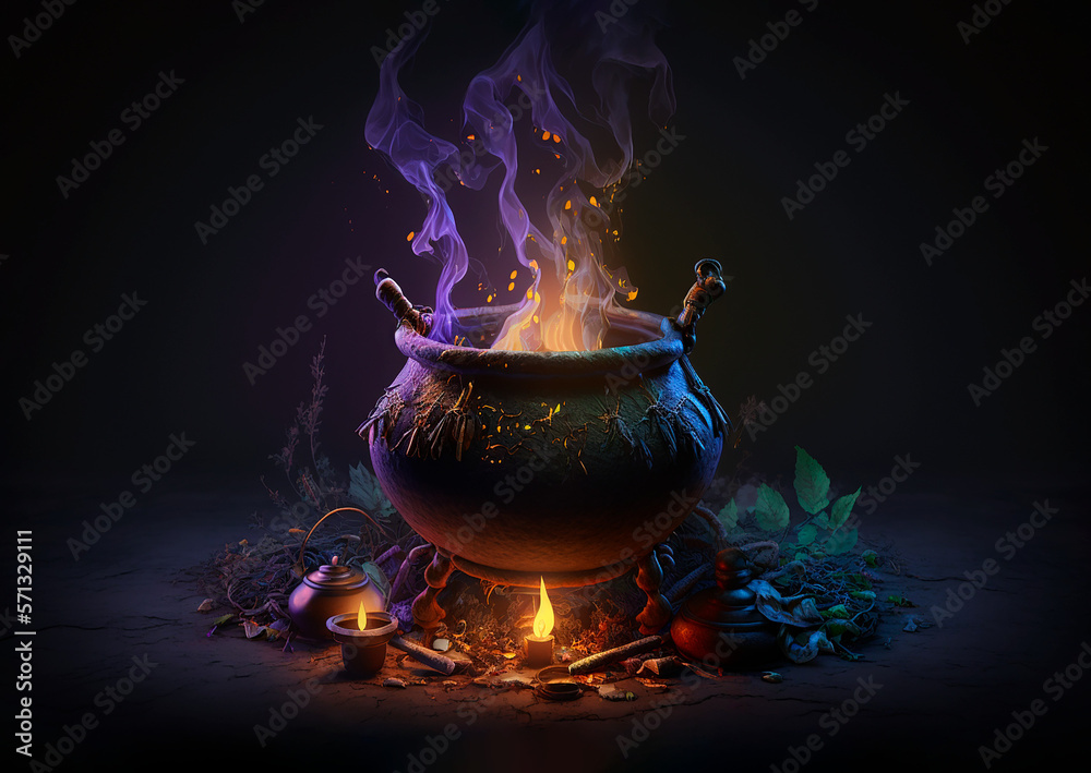 Witch cauldron in a dark room, purple smoke. Generative AI. Stock ...