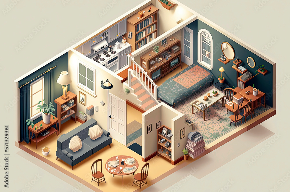 Generative AI illustration of isometric house plans, with all rooms and ...
