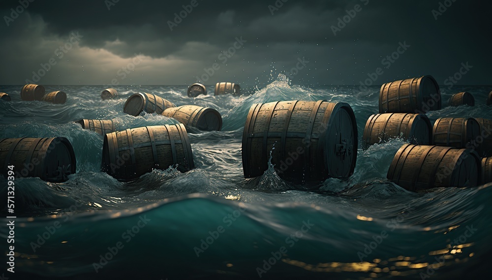 dozens of whiskey barrels floating in a sea after a shipwreck created ...
