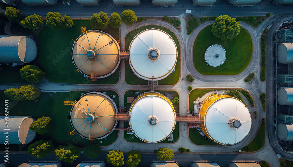 Aerial top view of factory station, oil fuel storage tank, petroleum ...