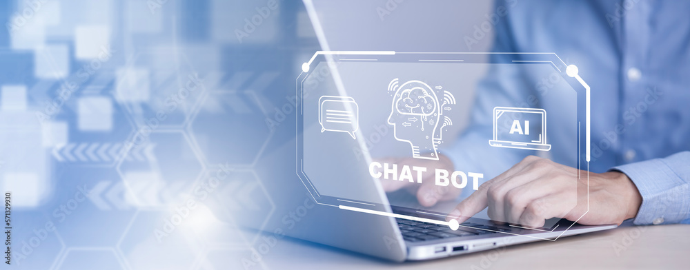 Businessman hold Laptop and touch Chat bot Chat with AI, Artificial ...