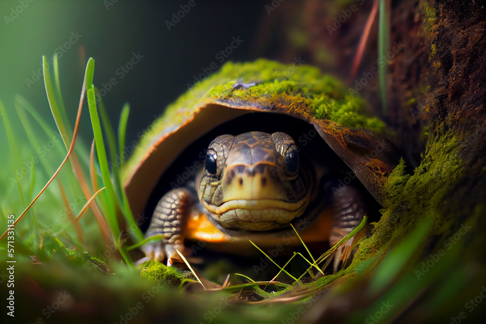 Cute turtle tortoise peeking out from hole in green moss grass. Created ...