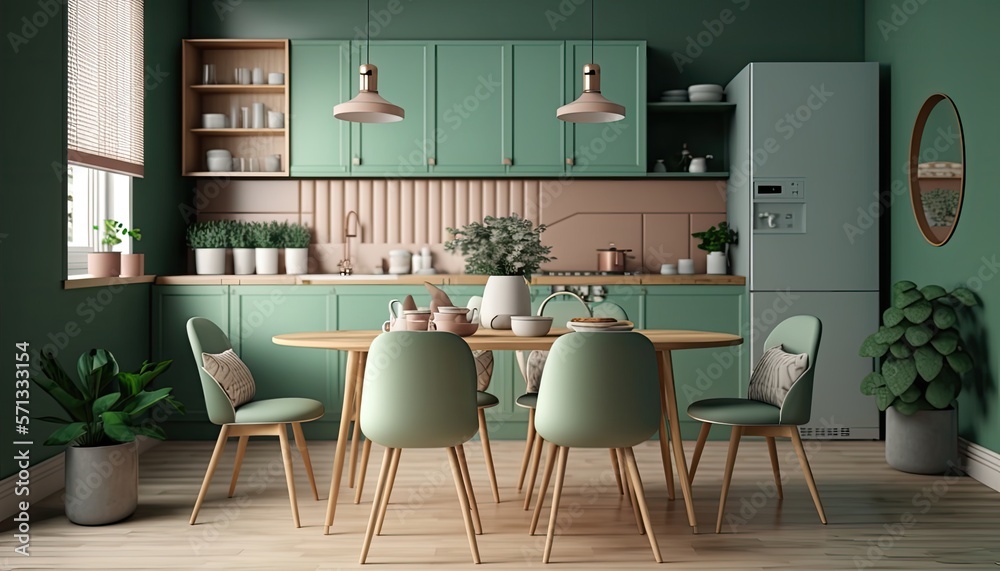 Luxurious, modern contemporary green wall kitchen room with dining ...