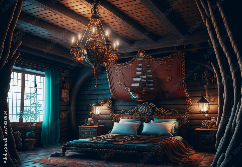 bedroom interior design in the style of pirate ship deck,illustration ...