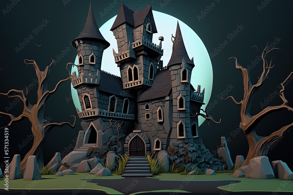 An illustration of a horror castle with a full moon behind with bats ...