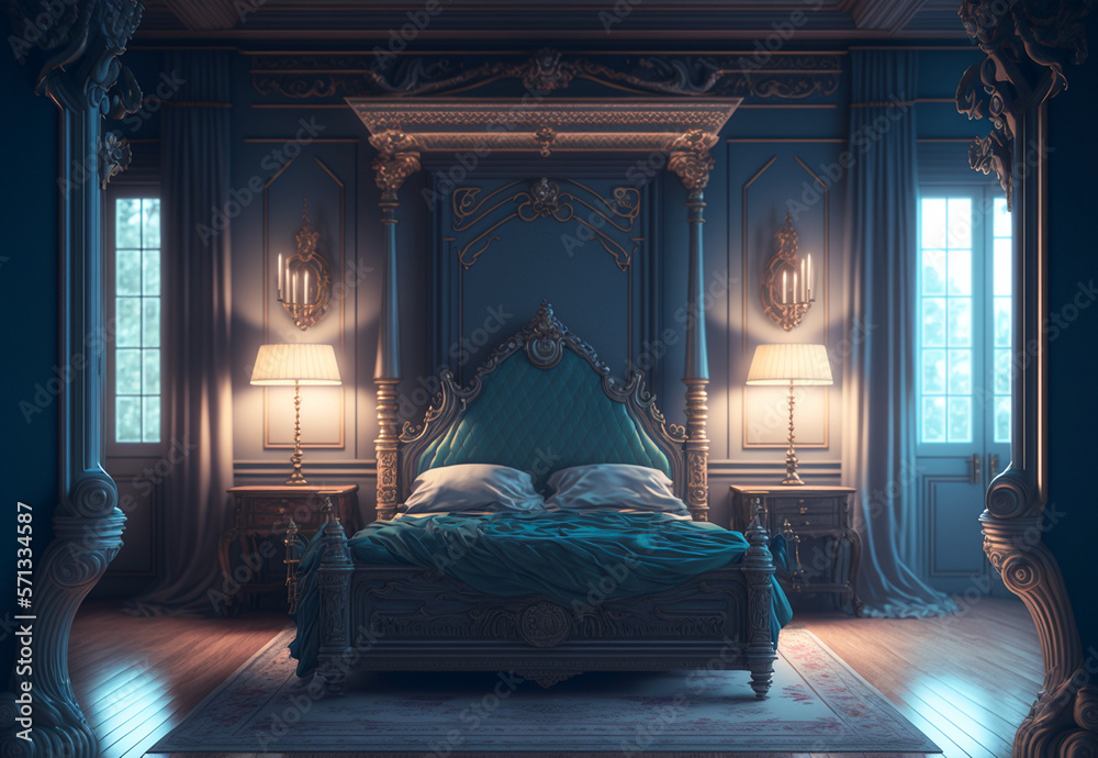 Bedroom Interior Design In The Style Of French Chateau Illustration
