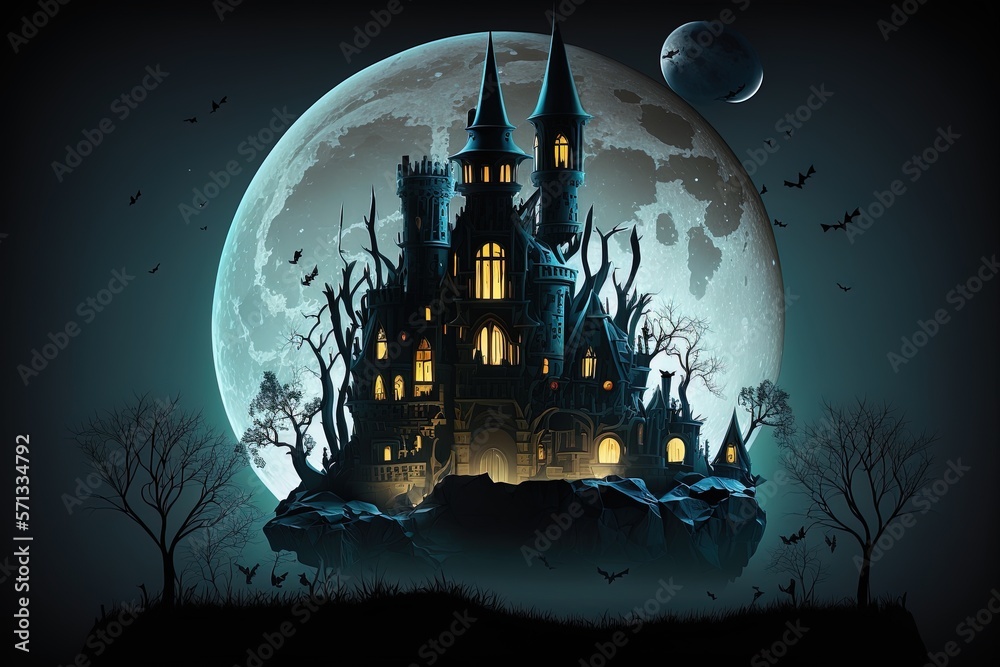 An illustration of a horror castle with a full moon behind with bats ...