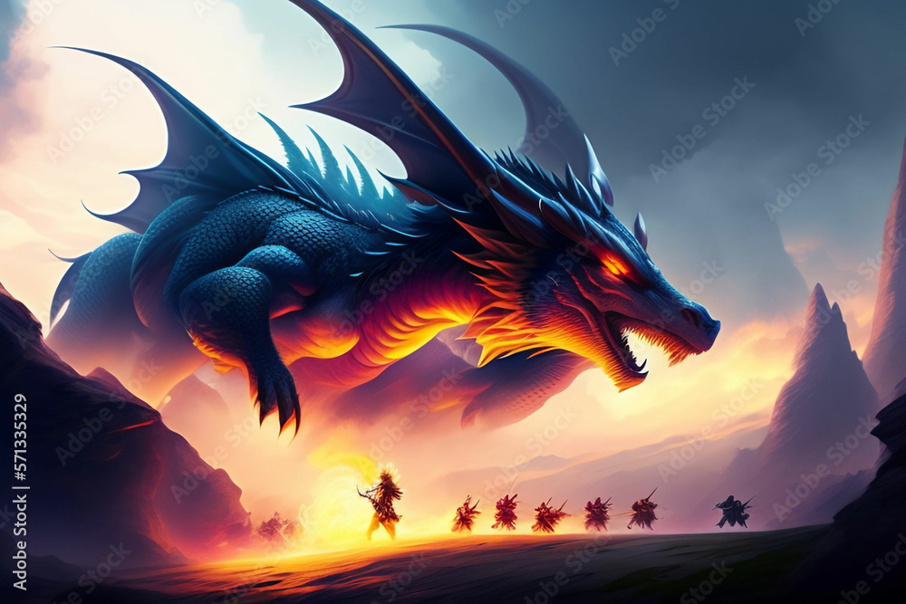 dark knight warrior in the battle with giant fire dragon knight with ...