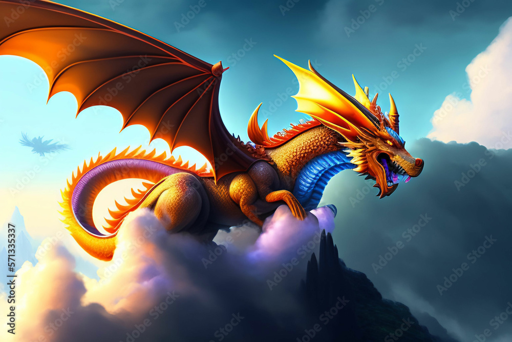 Fire breathes explode from a giant dragon in a black night, the epic ...