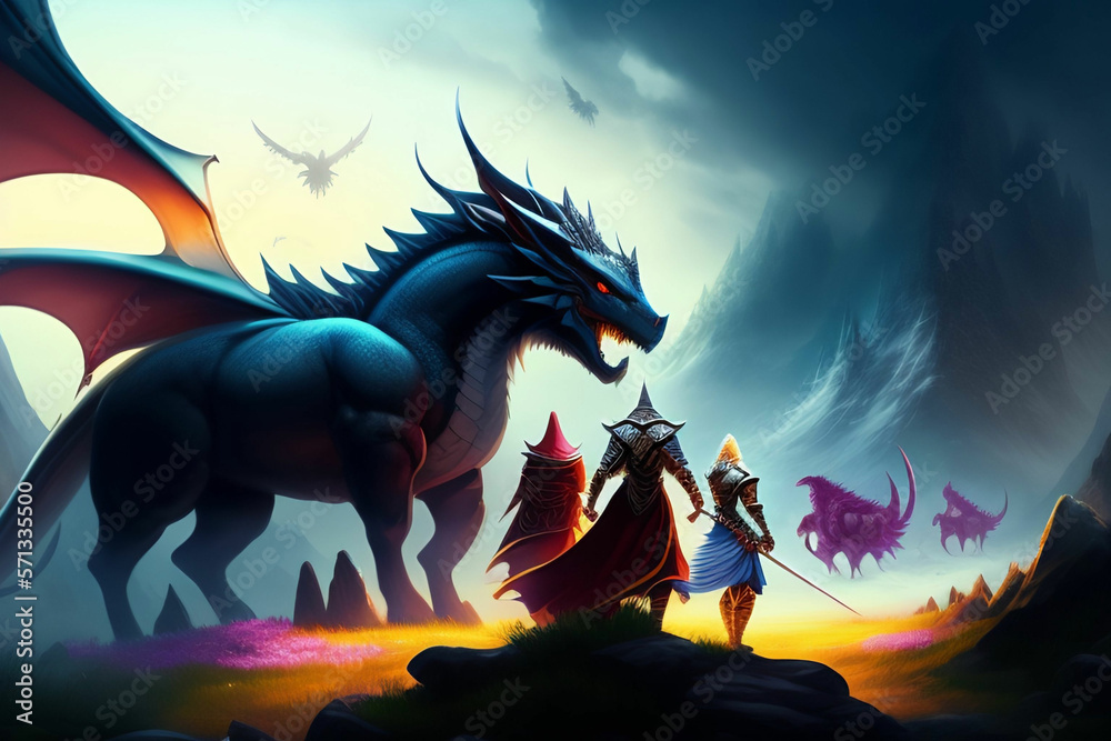 dark knight warrior in the battle with giant fire dragon knight with ...