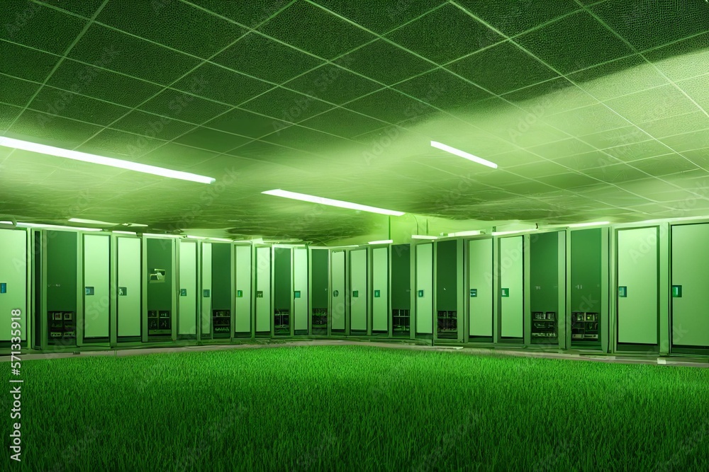 Server room full of grass and trees, green computing, green technology ...