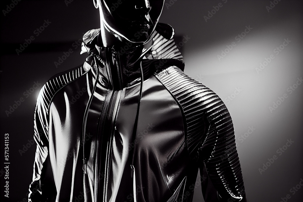 dummy clothes model wearing black shiny jacket hoodie. Track jacket ...
