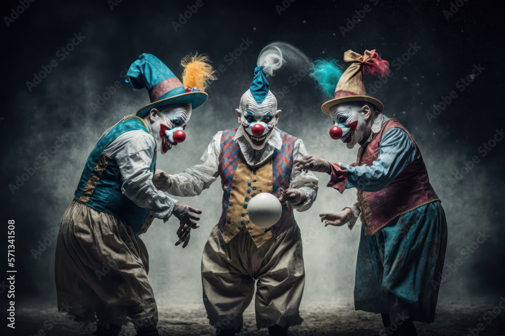 An image of three clowns playing tricks and pranks in the circus ring ...
