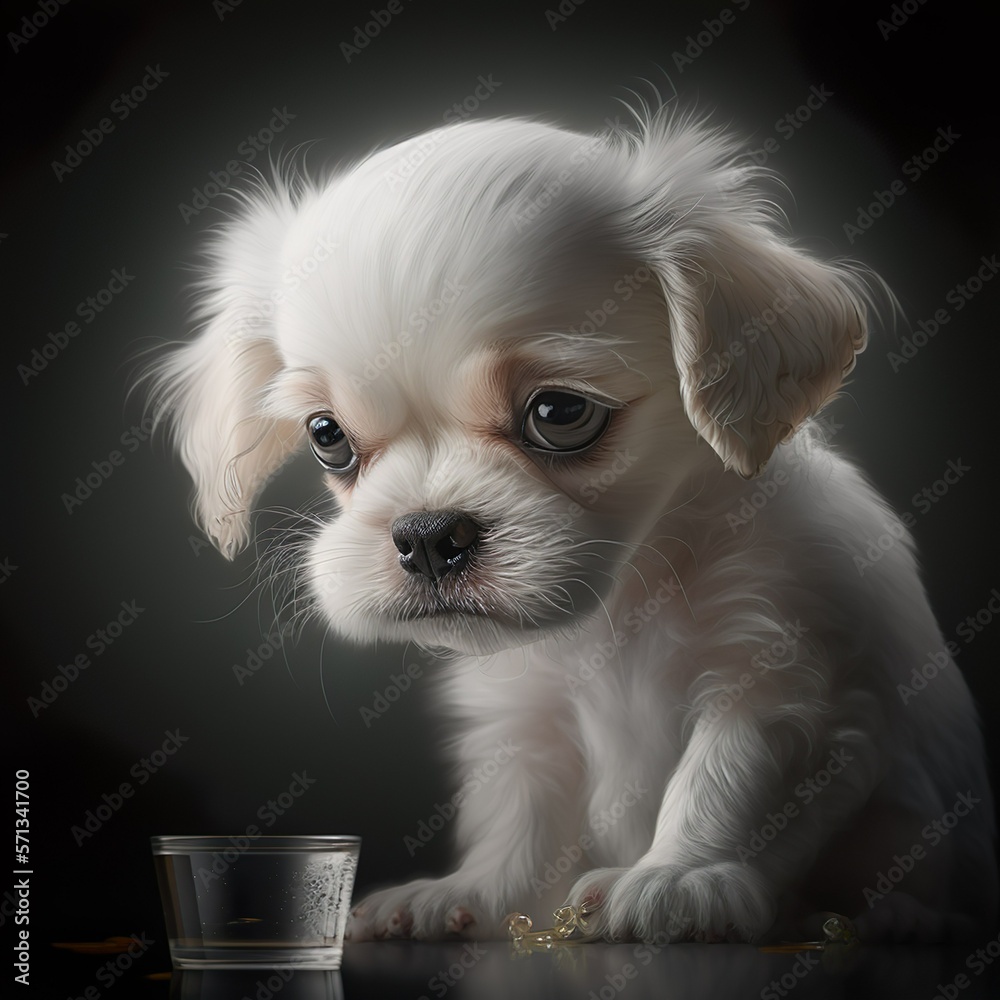 Bellissimo cane piccolo, bianco, cucciolo con un bicchiere di vetro ...