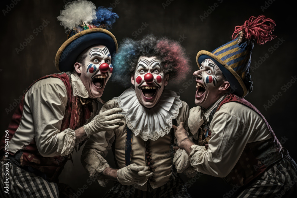 An image of three clowns playing tricks and pranks in the circus ring ...