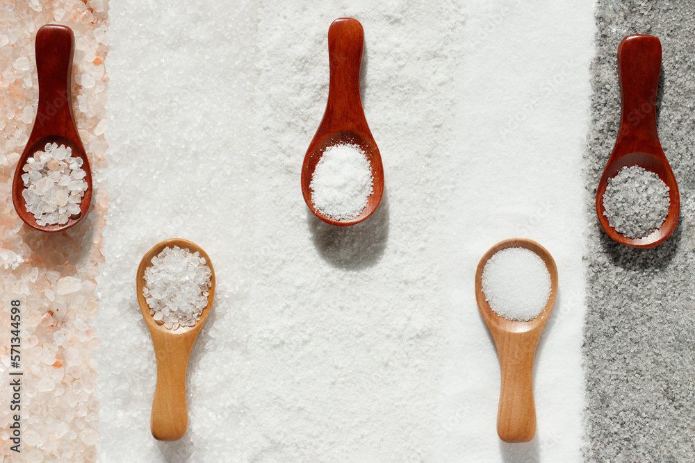 Different types of salt. Himalayan, sea and kitchen salt. Top view on ...