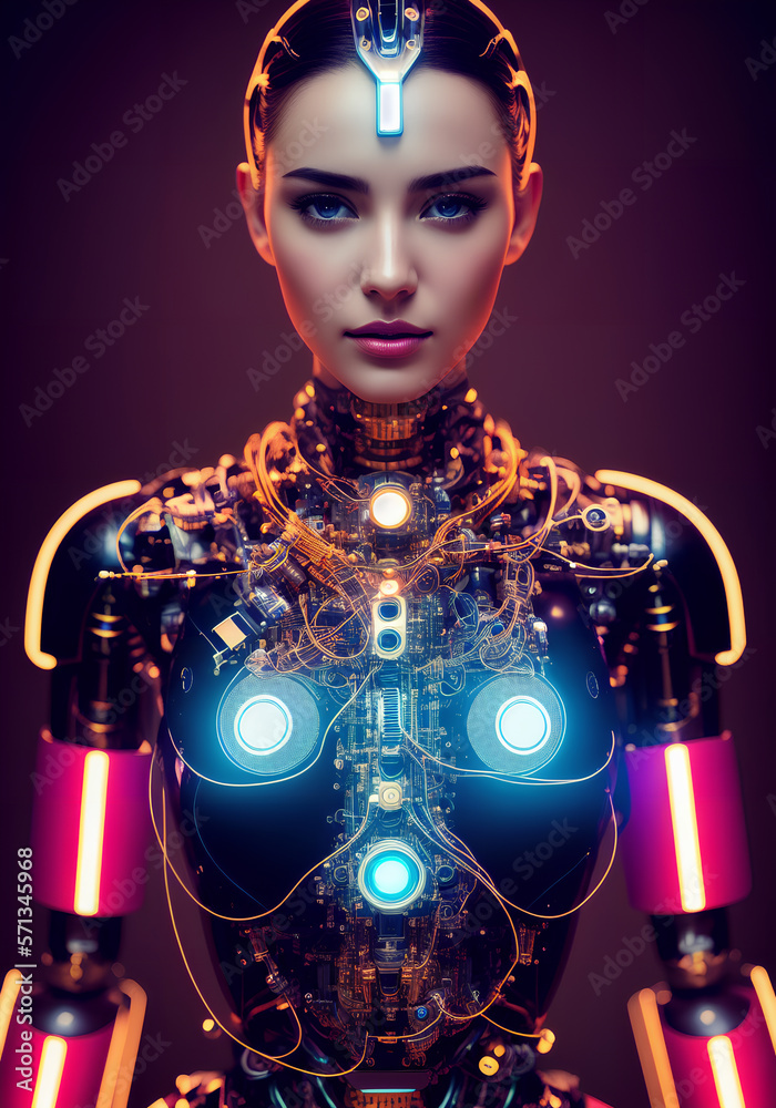 Robot woman in costume. A cyborg woman from the future. Mechanical ...