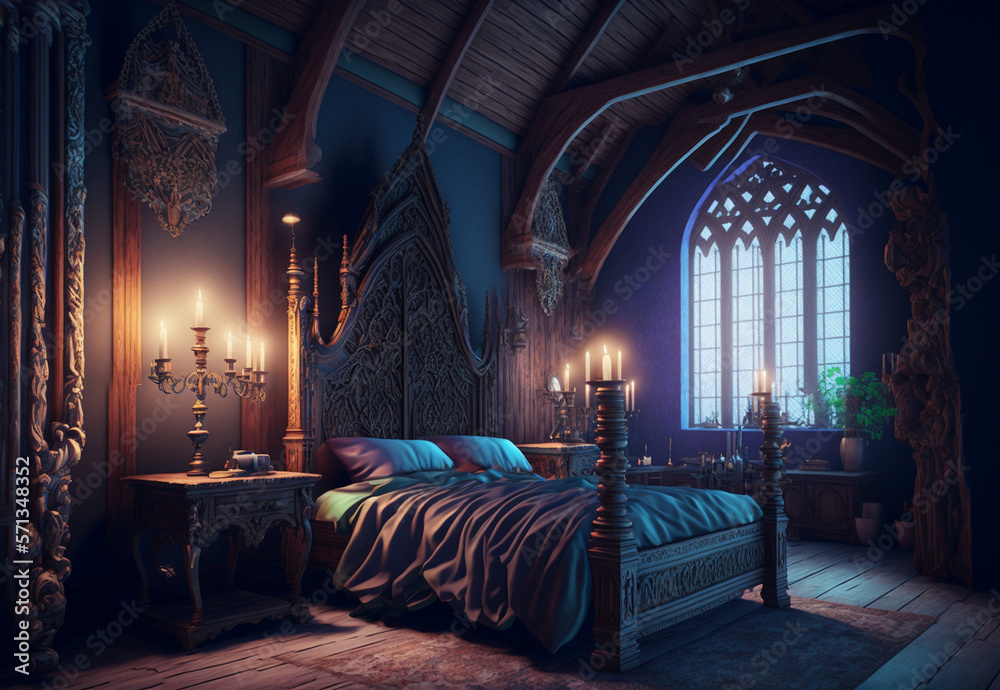 bedroom interior design in the style of medieval monastery,illustration ...