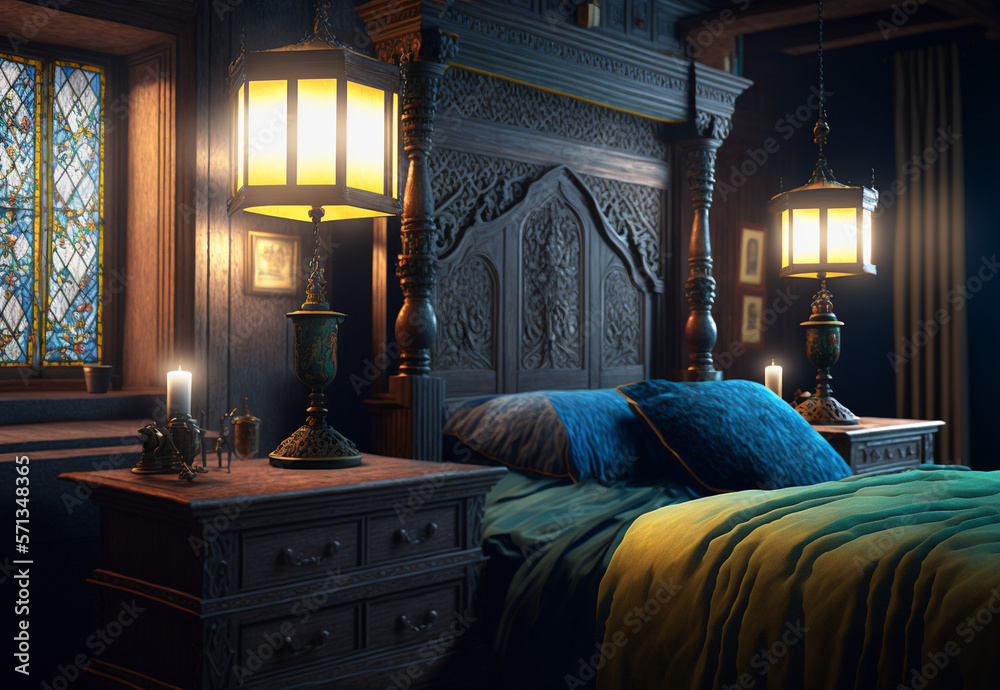 bedroom interior design in the style of medieval monastery,illustration ...