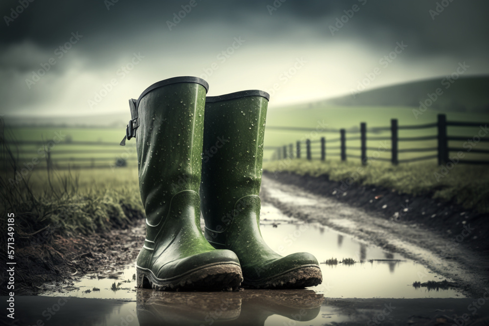 Wellingtons on a farm in mud and rain. Farming concept, generative Ai ...