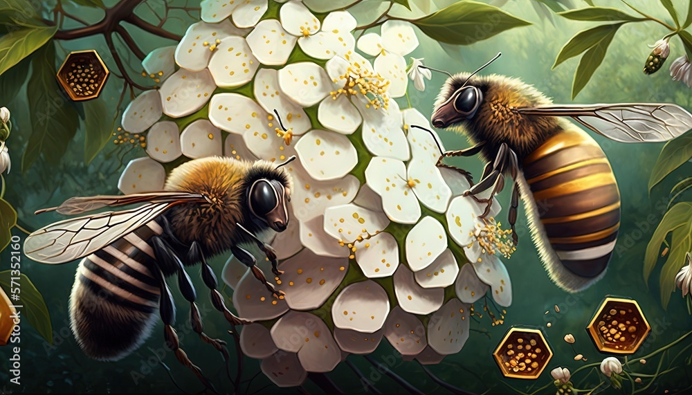 a painting of two bees on a cluster of white flowers with honeybees ...