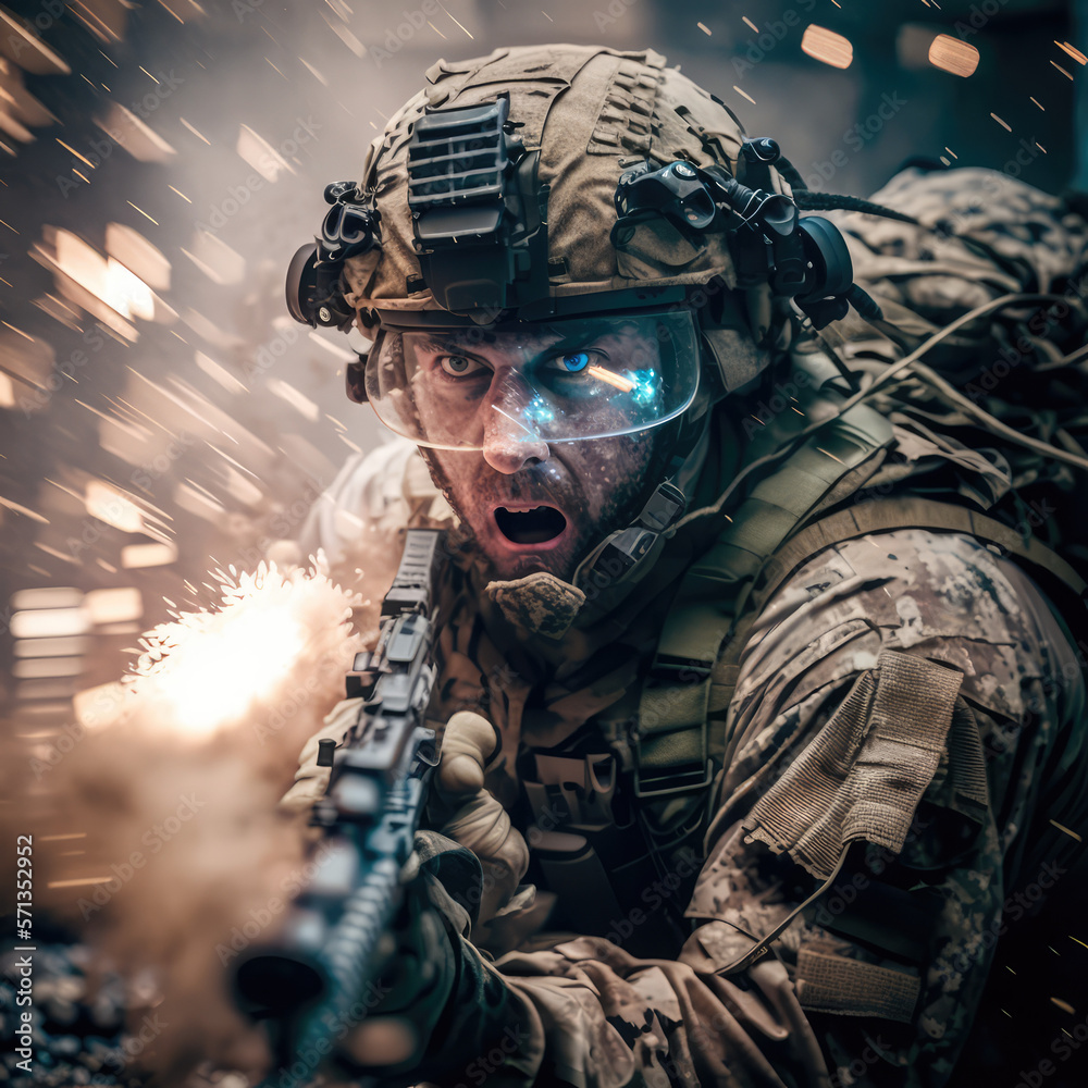 soldier with a gun, explosion at background, tactical helmet with ...
