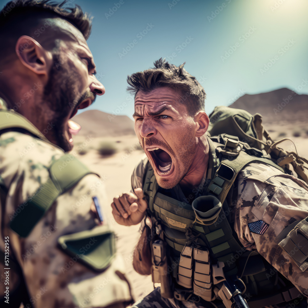 military men in fully equipped uniforms shouting at open field, scared ...