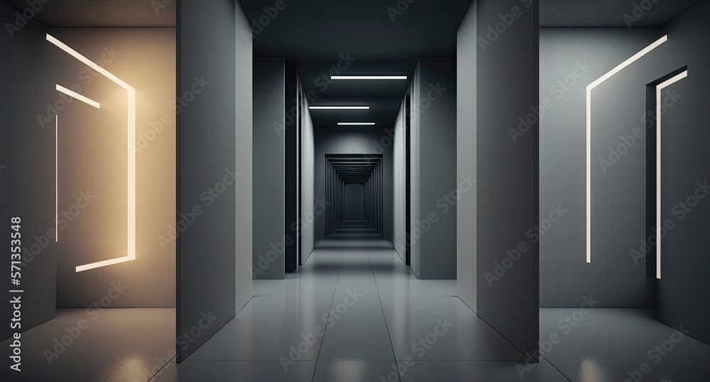 Abstract futuristic corridor with a vacant floor and room with lighting ...