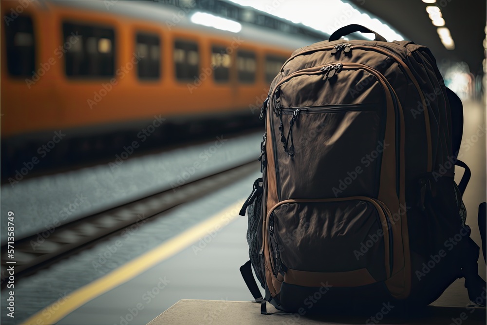 backpack on train station terminal background with copy space ...