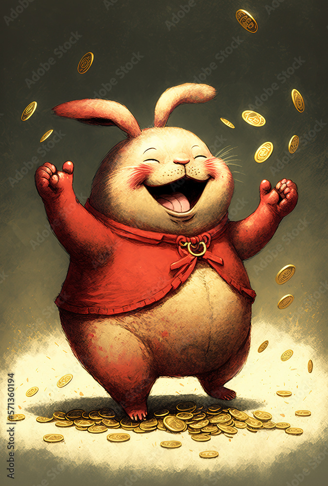 Joyful rabbit in red with gold coins as a symbol of financial success ...