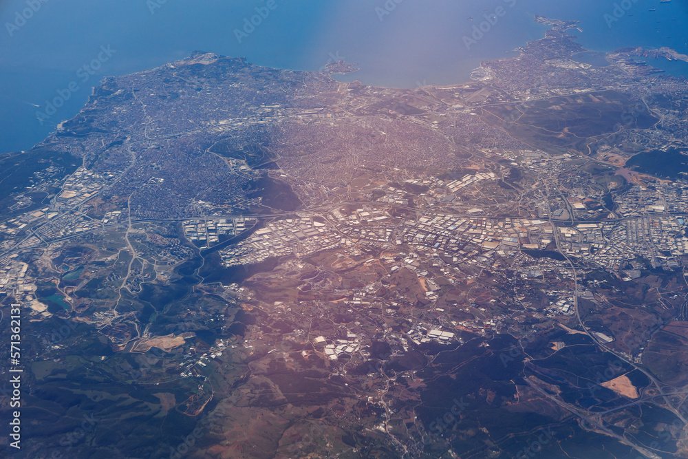 Aerial view from plane window with areas of Istanbul city and Gebze ...