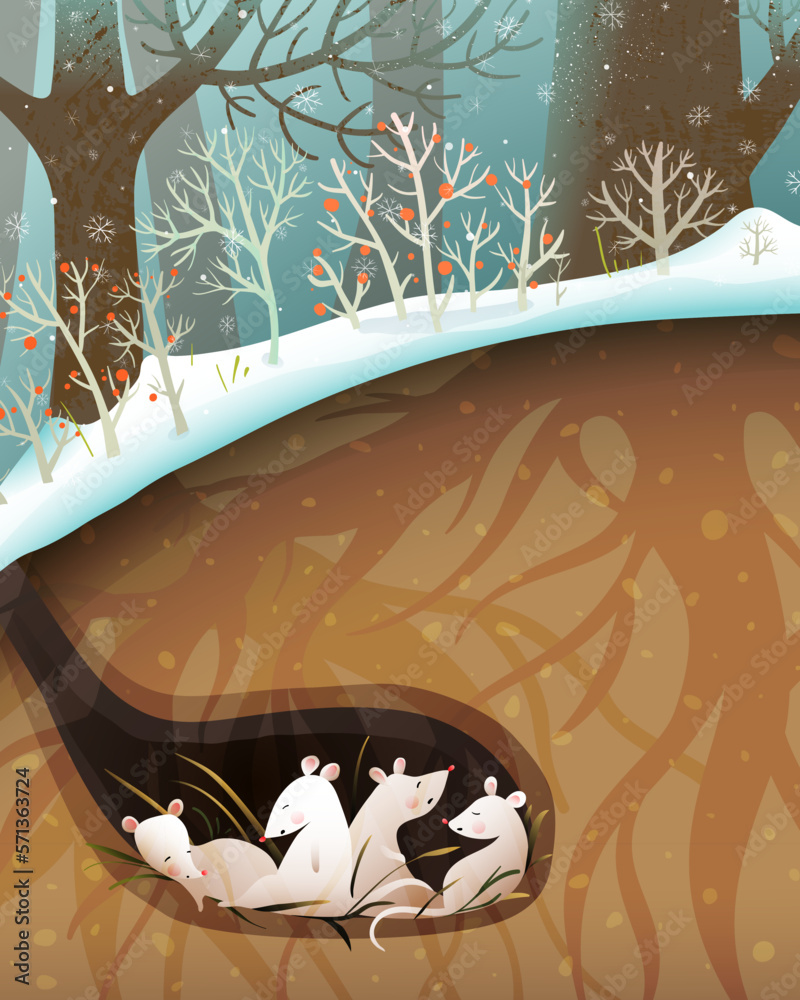 Mouse family sleeping or hibernating in a den or burrow. Cute rodents ...
