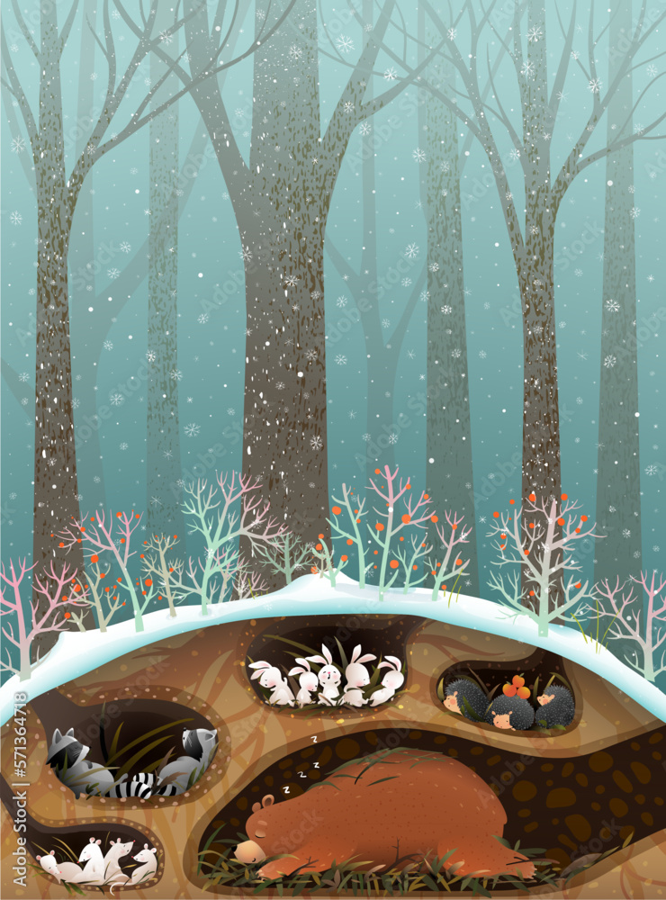 Forest animals sleeping in dens and burrows under winter forest trees ...