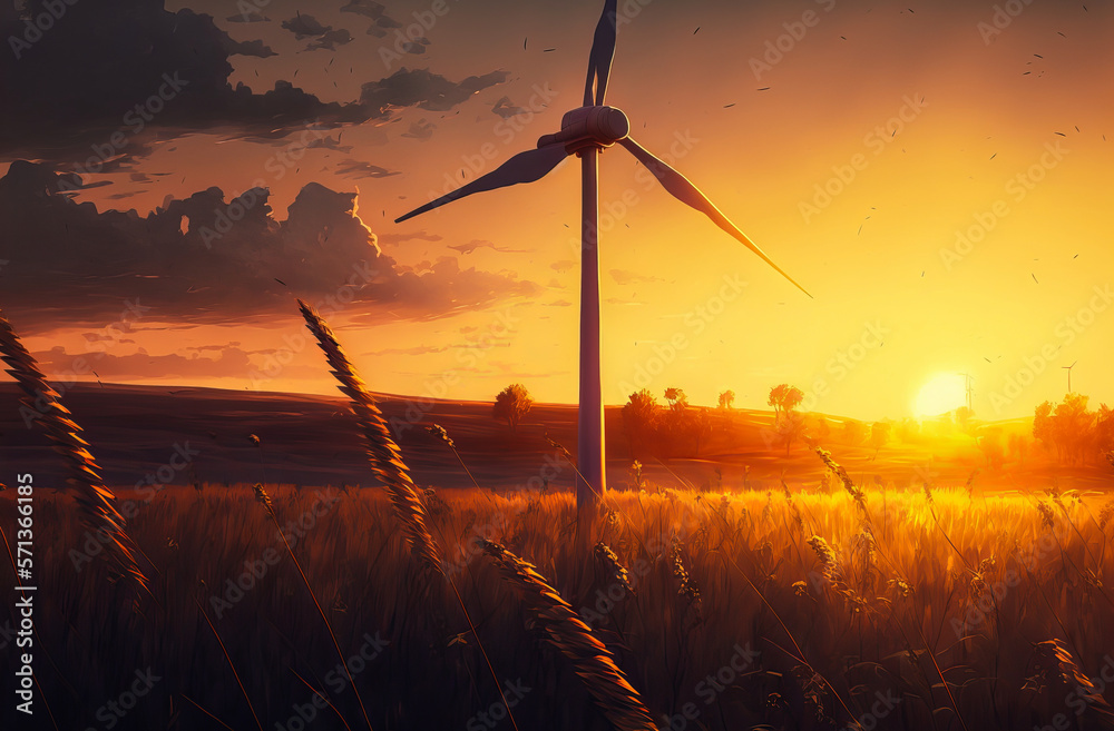 Sunset behind a wind turbine, shadows stretching across a field of ... Sunset behind a wind turbine, shadows stretching across a field of ...