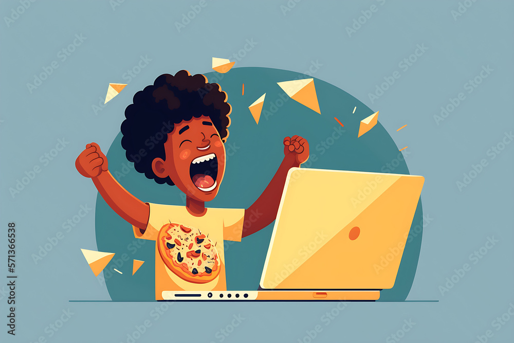Flat vector illustration Happy excited african american teenage winner ...