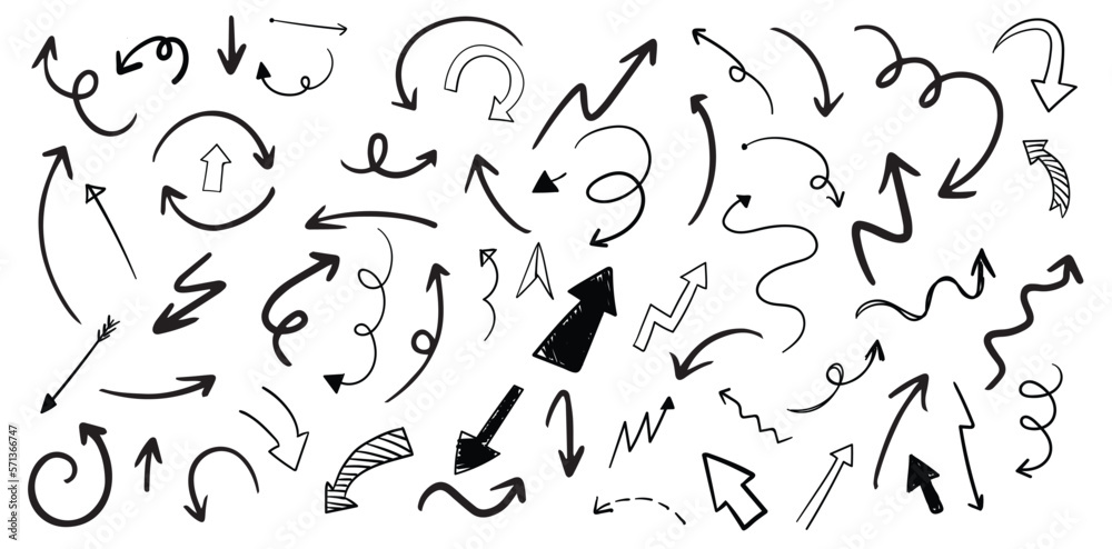 Collection of hand drawn arrows. Set simple arrows isolated on white ...