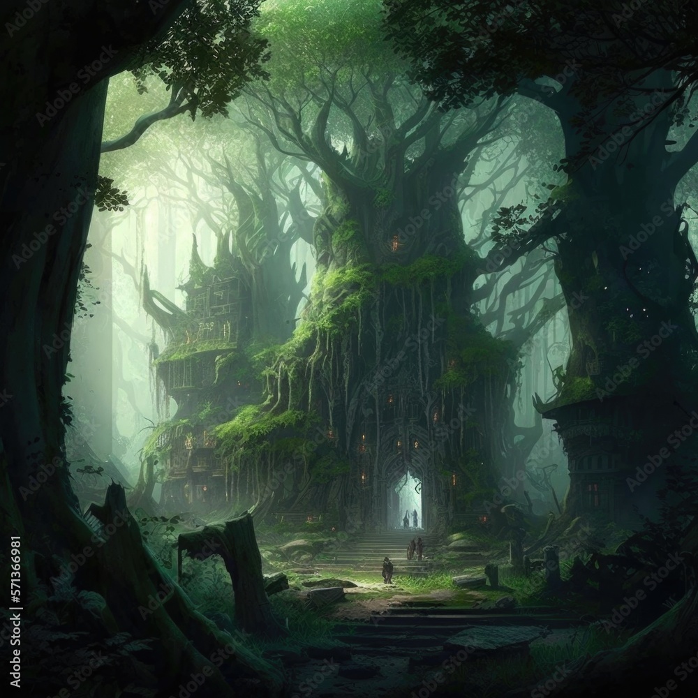 epic elven forest of towering trees and balmy air, fantasy art, AI ...