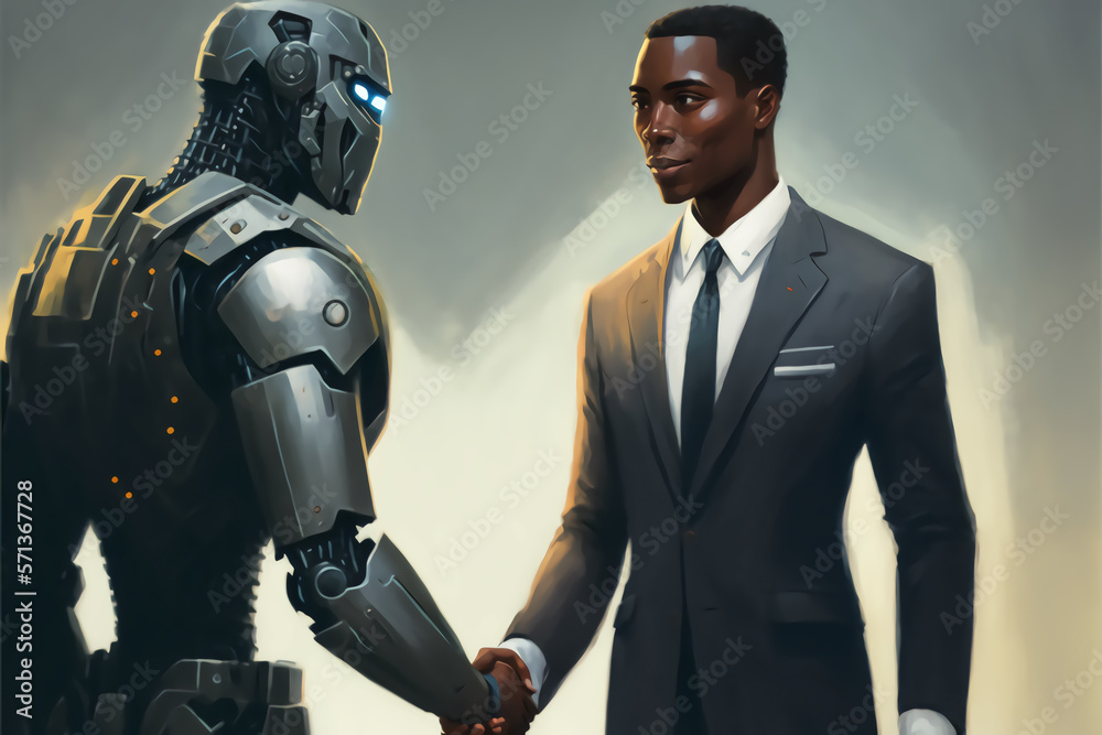 Generative AI drawing of a robot shaking hands with a man wearing a ...