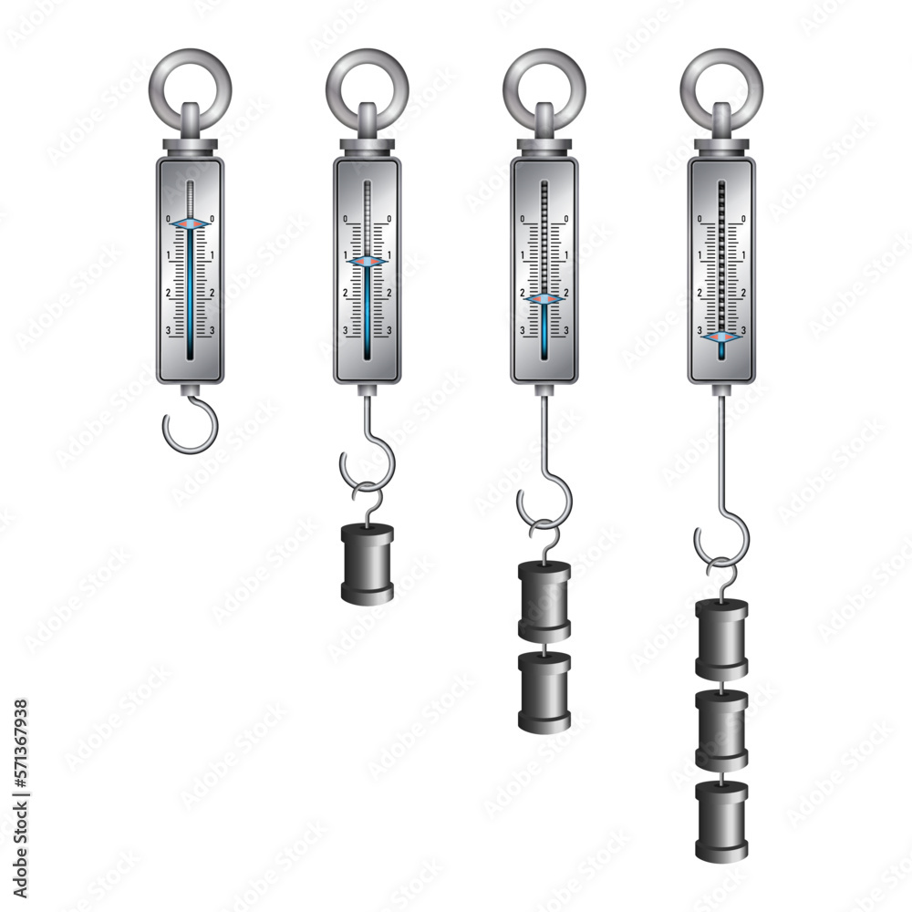 Set of cylindrical spring mechanical dynamometers with metal pointers ...