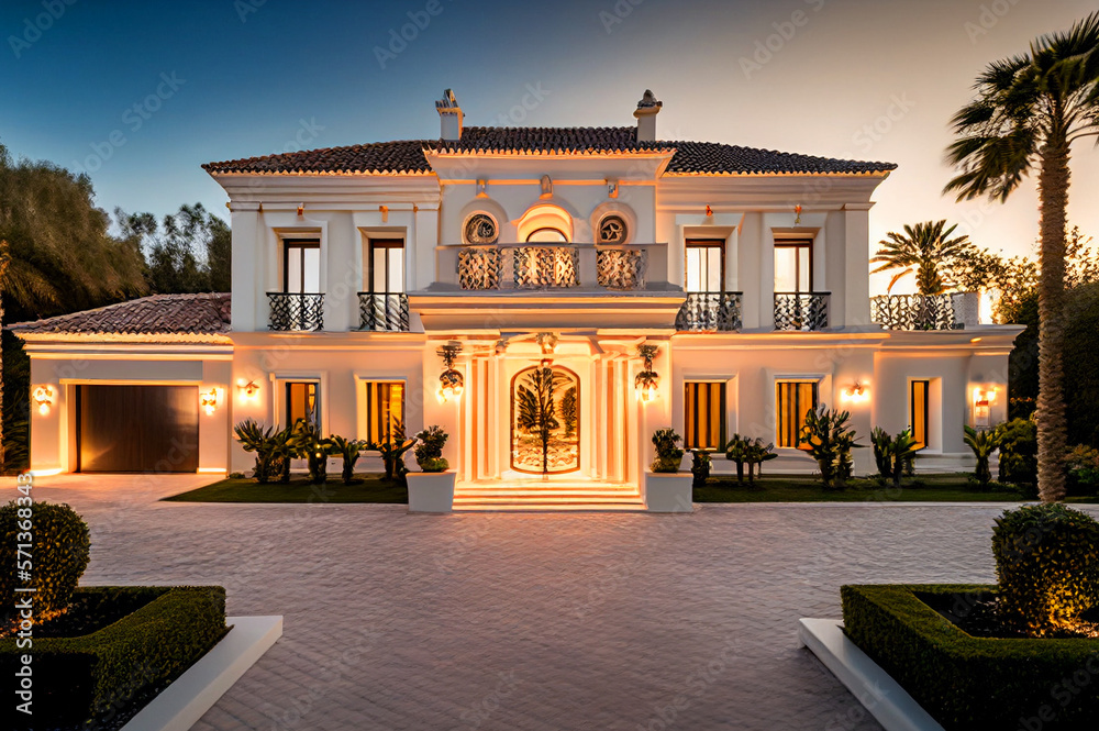 Luxury Villa exterior with green garden and palm trees. Luxury home in ...