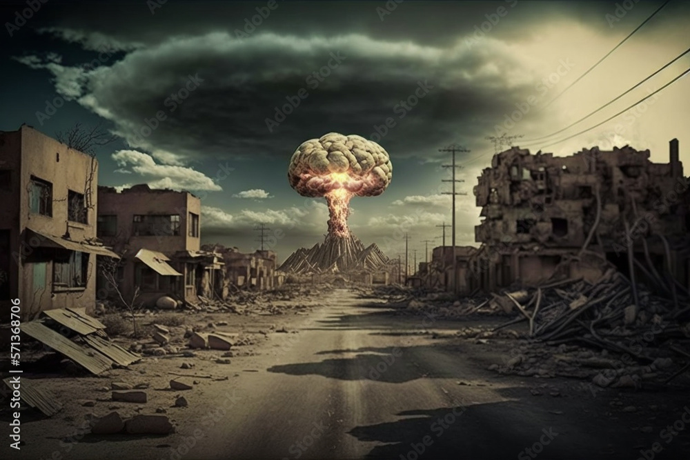 Radioactive nuclear bomb explosion with mushroom cloud in a war torn ...