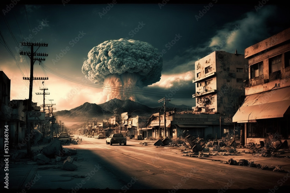 Radioactive nuclear bomb explosion with mushroom cloud in a war torn ...