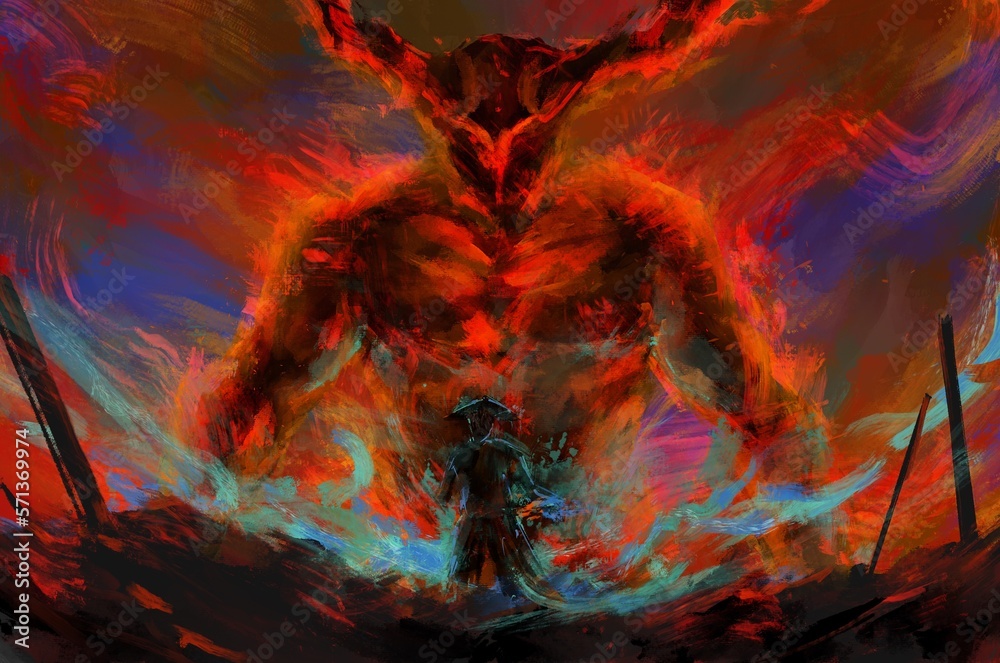 samurai warrior standing confront yokai demon,tale monster,creatures of ...