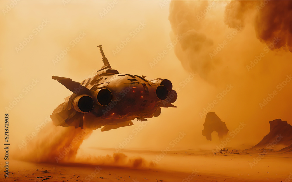 Illustration of a Futuristic cyberpunk spaceship in a post apocalyptic ...