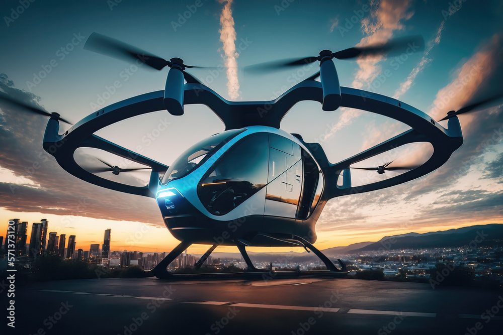 Future of urban air taxi in the city in sunset, Public aerial ...