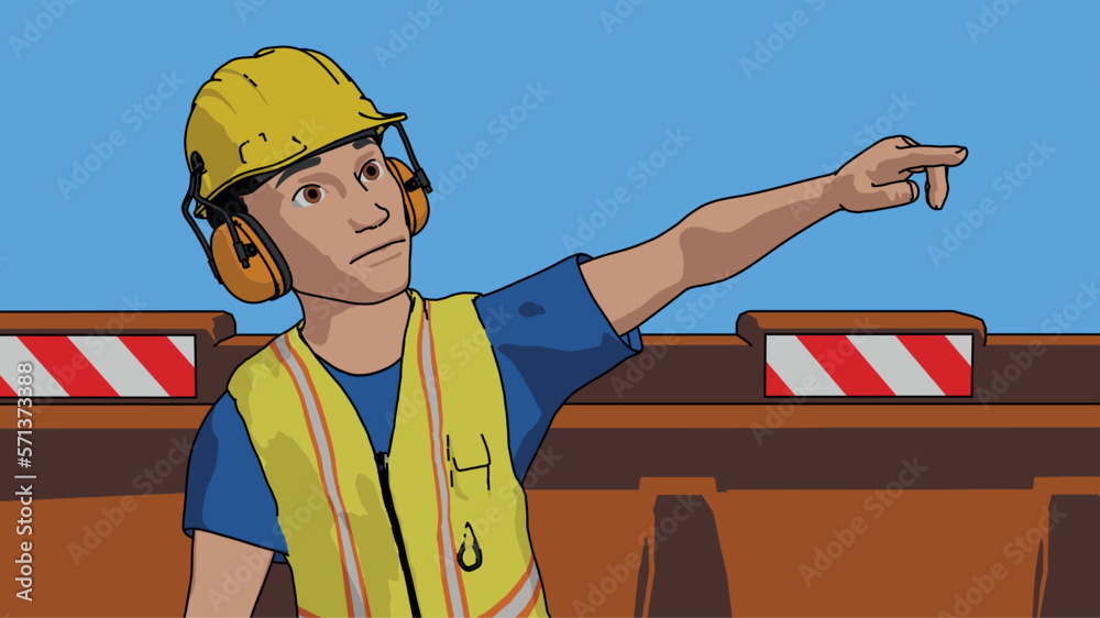 construction worker pointing cartoon illustration men at work hard hat ...