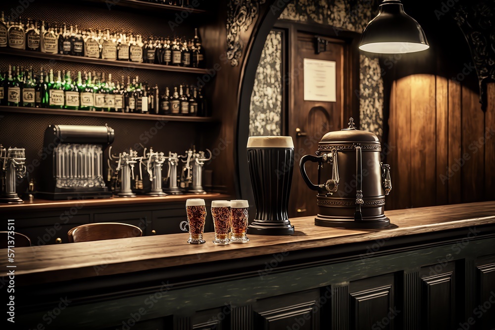 Pub bar counter with beer cups. Loft bar counter. Generative AI Stock ...