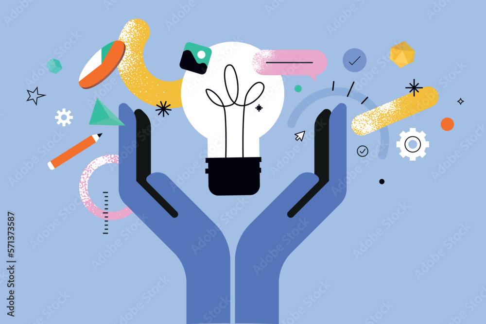Vetor de Vector illustration of creativity, innovation, idea, startup, project development ...